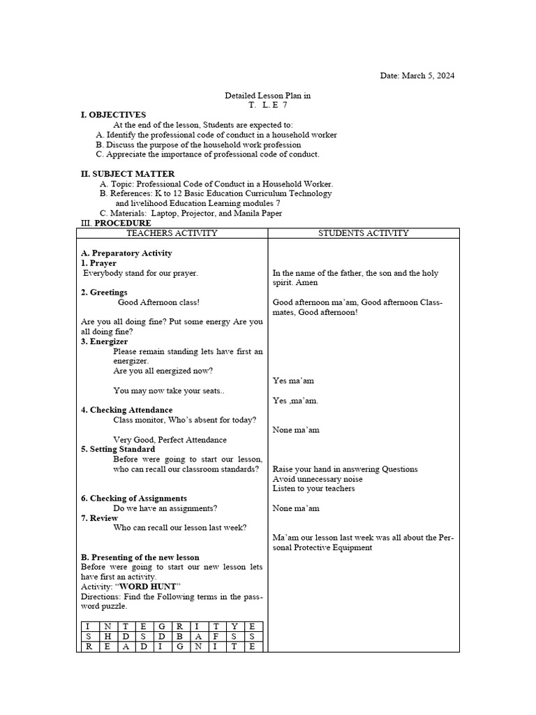 Detailed Lesson Plan in TLE L-4 Edited M-4 | PDF | Integrity | Dignity
