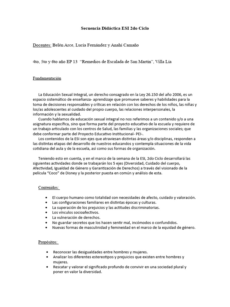 Secuencia Didáctica ESI 2do Ciclo | PDF | Educación sexual | Familia
