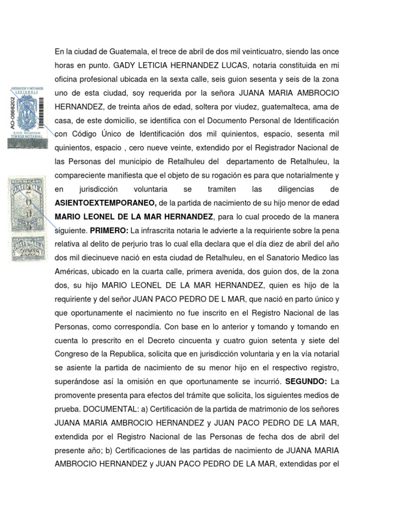 Asiento Extemporáneo de Nacimiento en Guatemala | PDF | Certificado de ...