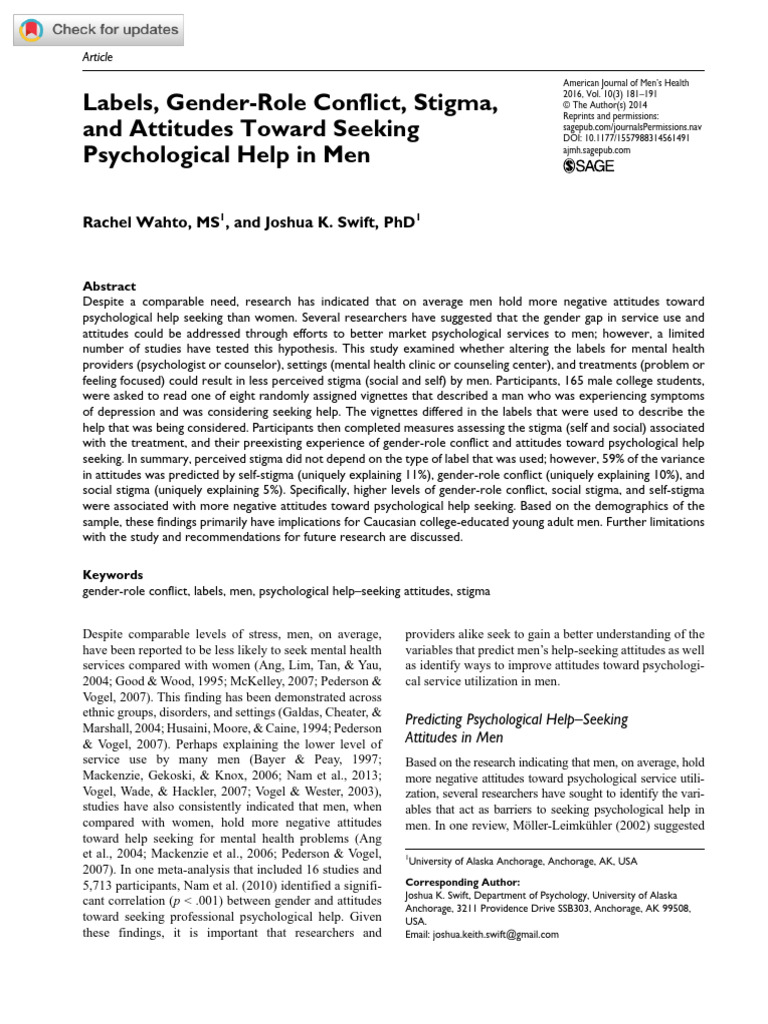 Labels, Gender-Role Conflict, Stigma, and Attitudes Toward Seeking ...