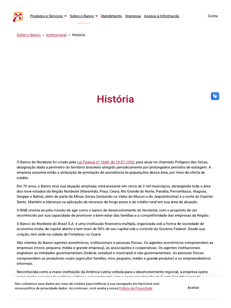 História - Institucional - Sobre o Banco - Portal Banco Do Nordeste | PDF | Economias