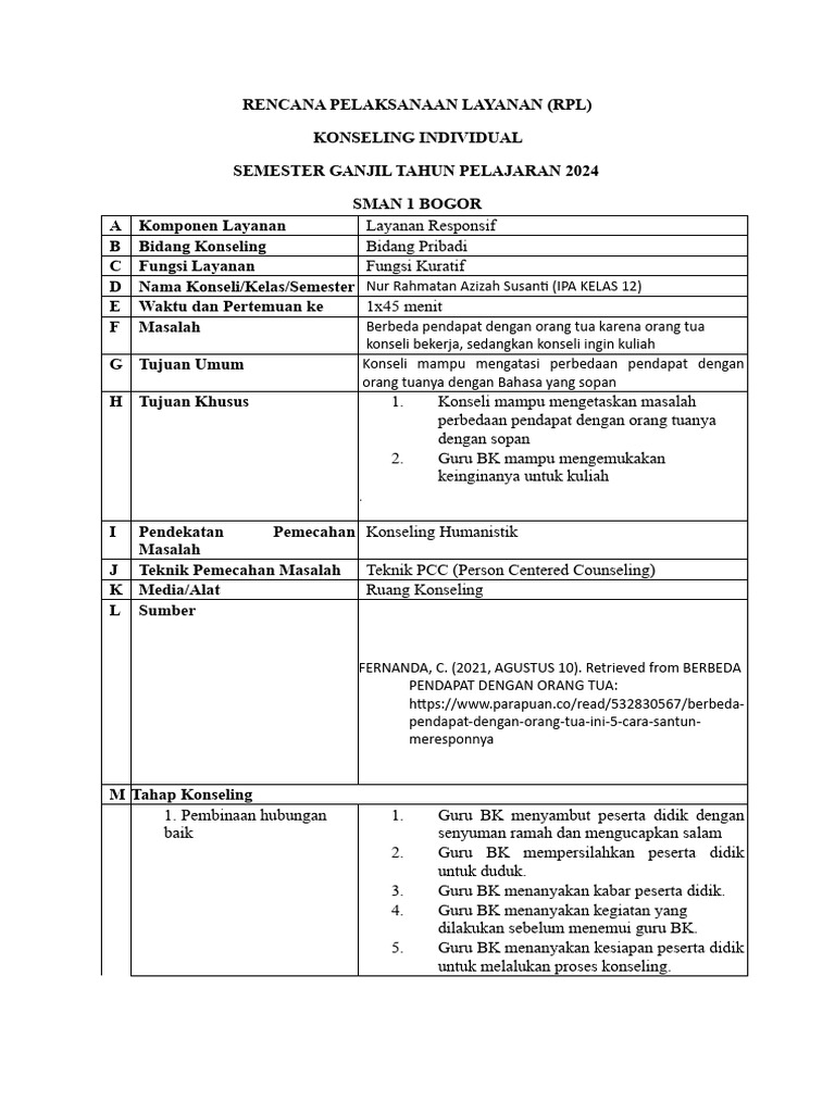 Rencana Konseling Individual SMAN 1 Bogor | PDF
