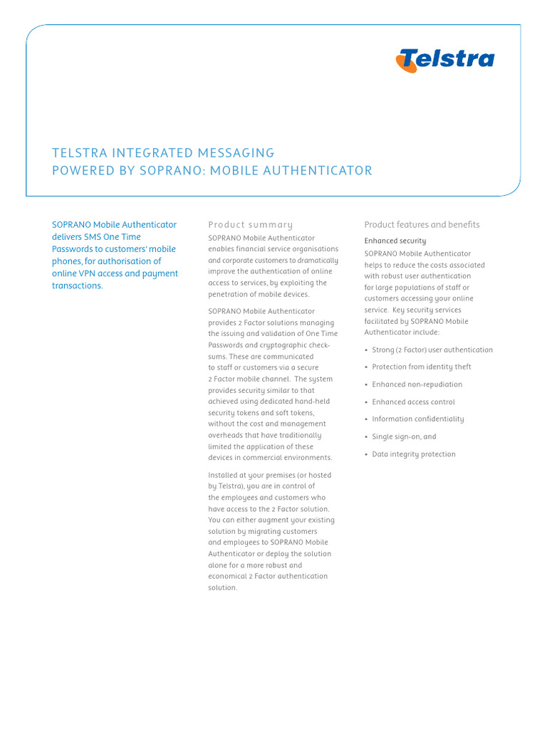 Telstra Integrated Messaging Powered by Soprano Mobile Authentica | PDF | Computer Security ...