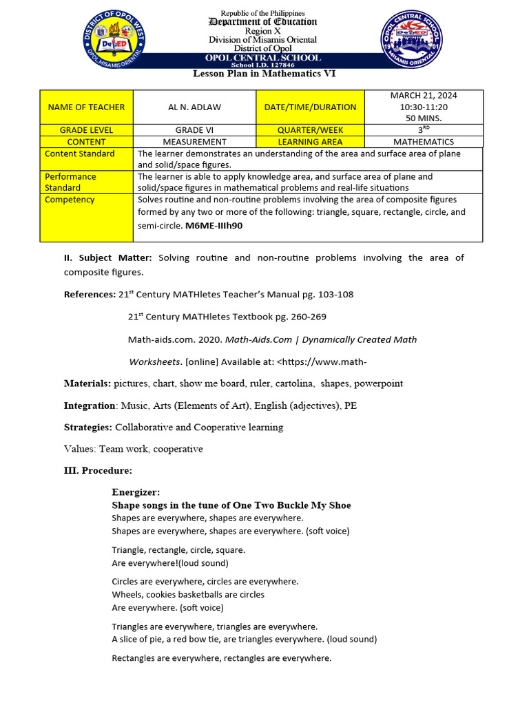 3rd Grading COT | PDF | Area | Learning