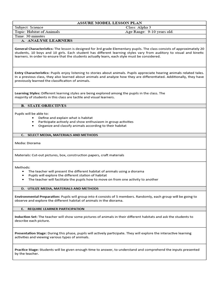 ASSURE MODEL LESSON PLAN | PDF | Learning Styles | Teachers