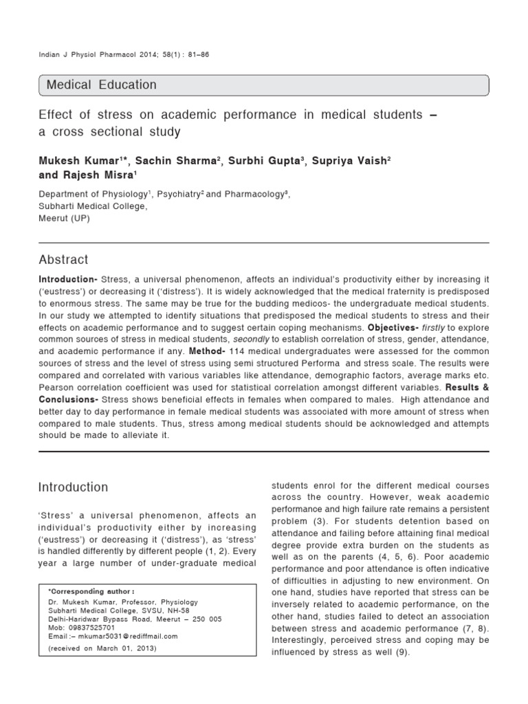 Medical Education Effect of Stress On Academic Performance in Medical ...