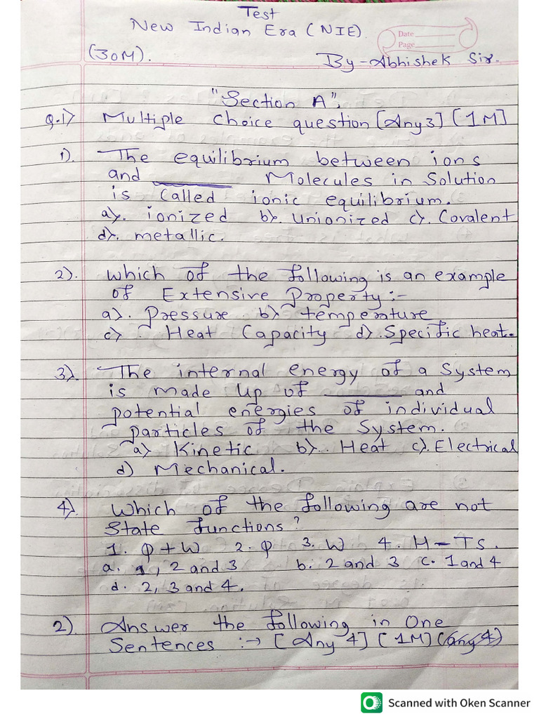 Chem Test ch3 and 4 Class 12 NIE | PDF