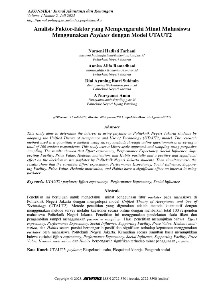 Analisis Faktor-Faktor Yang Mempengaruhi Minat MahasiswaMenggunakanPaylaterdengan Model UTAUT2 | PDF