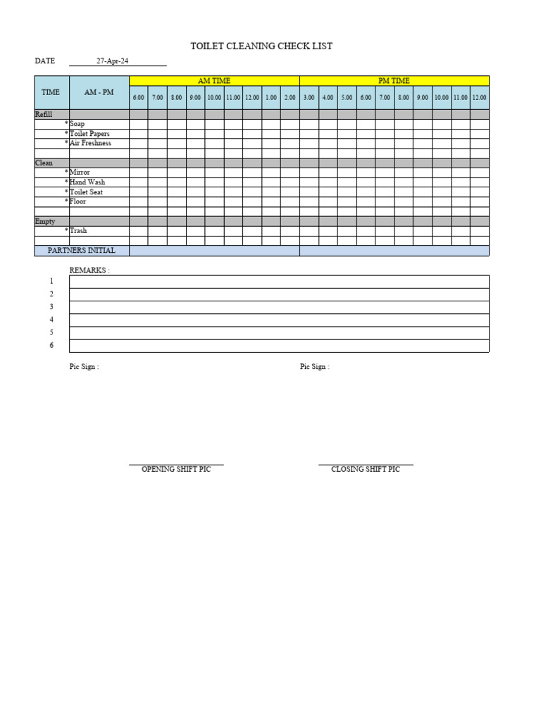 Toilet Check List | PDF