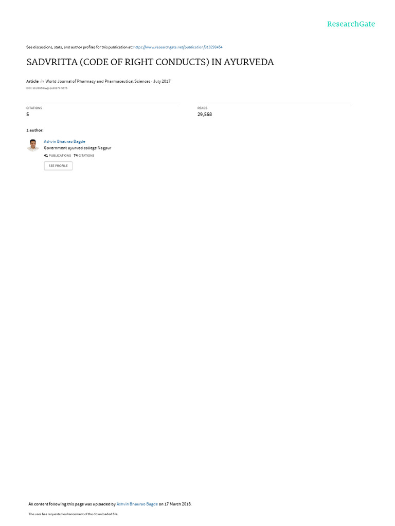 Sadvritta Code of Right Conducts in Ayurveda | PDF | Ayurveda