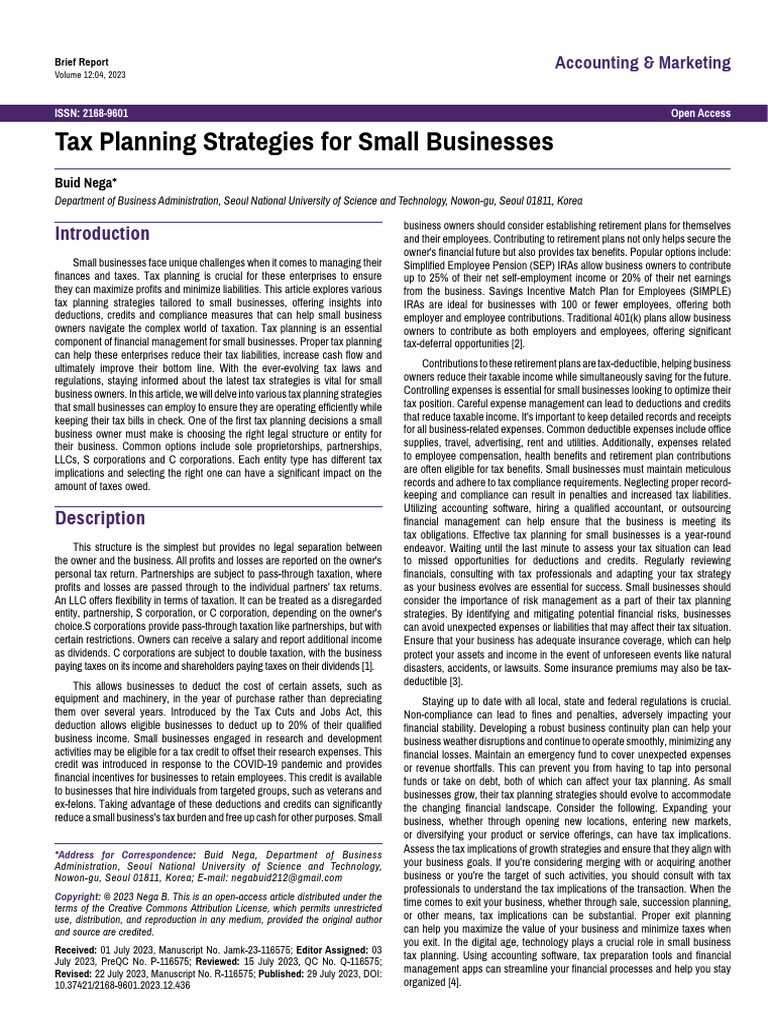 Tax Planning Strategies For Small Businesses Pdf Expense Taxes