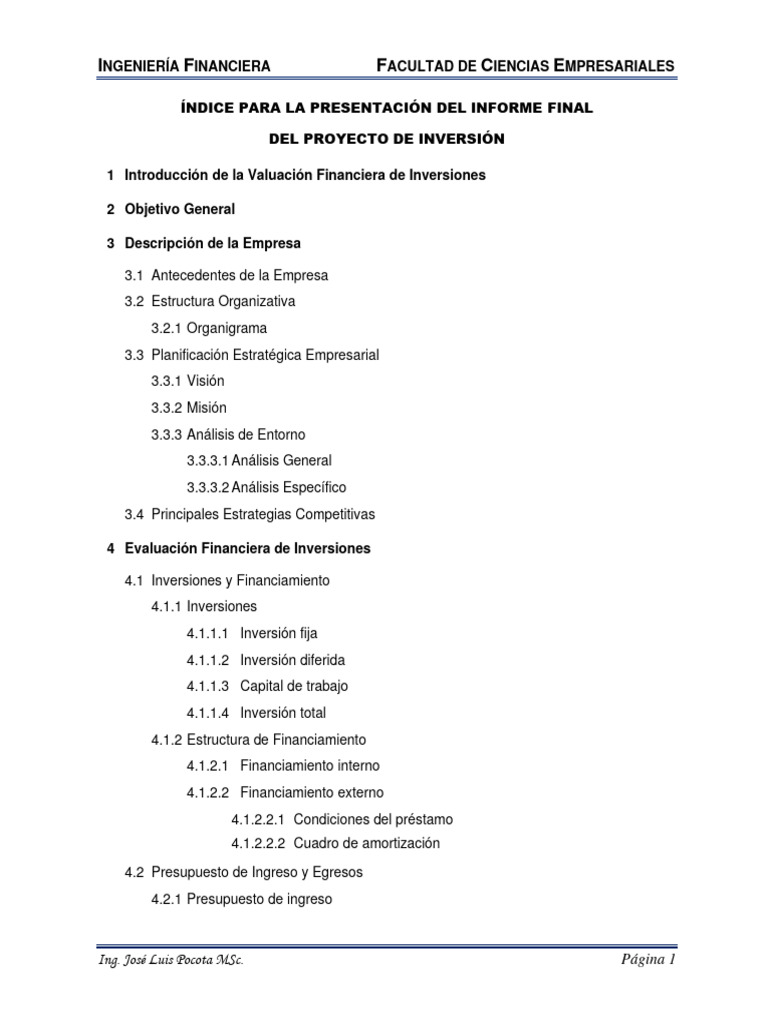 Índice Del Proyecto Final | PDF | Presupuesto | Tasa interna de retorno