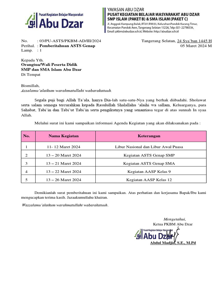 Jadwal Ujian ASTS dan AASP 2024 | PDF