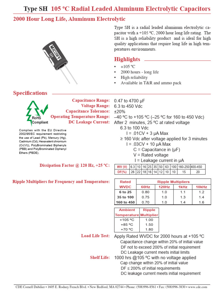 CDE (Radial Thru-Hole) SH Series | PDF | Capacitor | Capacitance