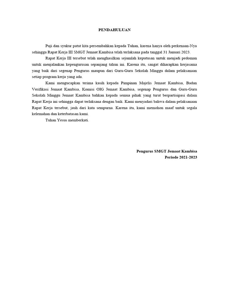 Pendahuluan Program Kerja SMGT Jemaat Kambisa | PDF
