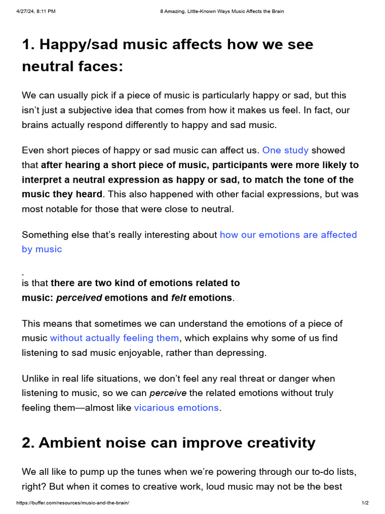 8 Amazing, Little-Known Ways Music Affects The Brain 2 | PDF | Emotions ...
