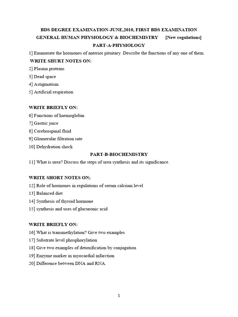 1st BDS PHYSIO QP | PDF | Biochemistry | Chemistry