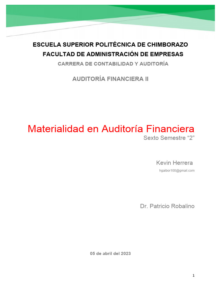 Kevin Herrera - Materialidad en Auditoria Financiera | PDF | Auditoría | Contabilidad