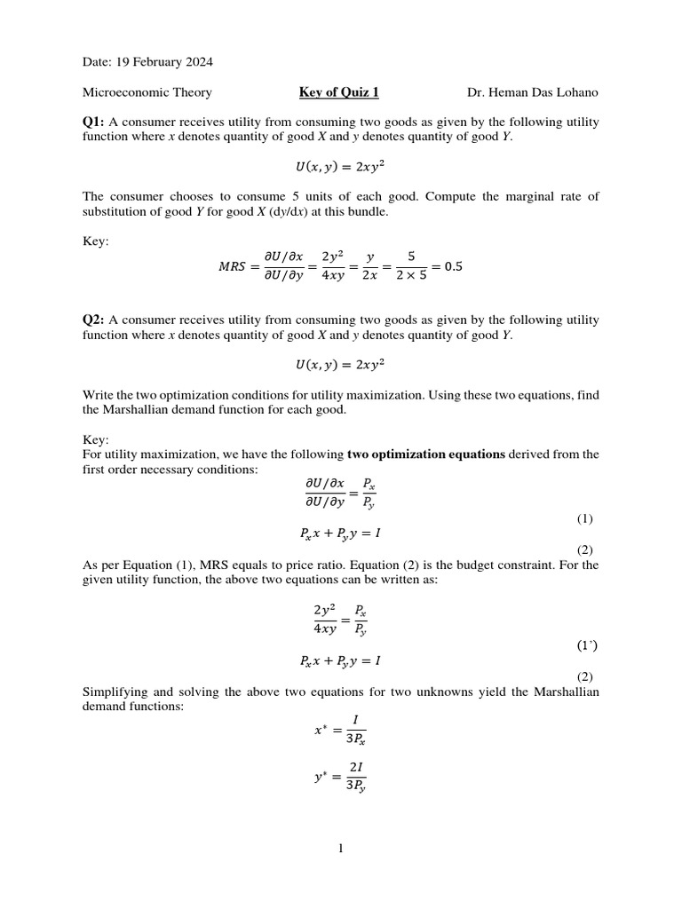 Quiz1 Section2a Key | PDF | Utility | Microeconomics