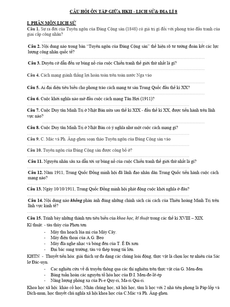 CÂU HỎI ÔN TẬP GIỮA HK2 LS-ĐL8 2023-2024 | PDF