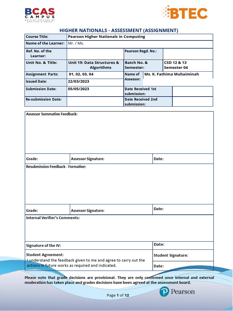 DSA - Assignment Brief - CSD - 12 & 13 | PDF | Algorithms | Algorithms And Data Structures