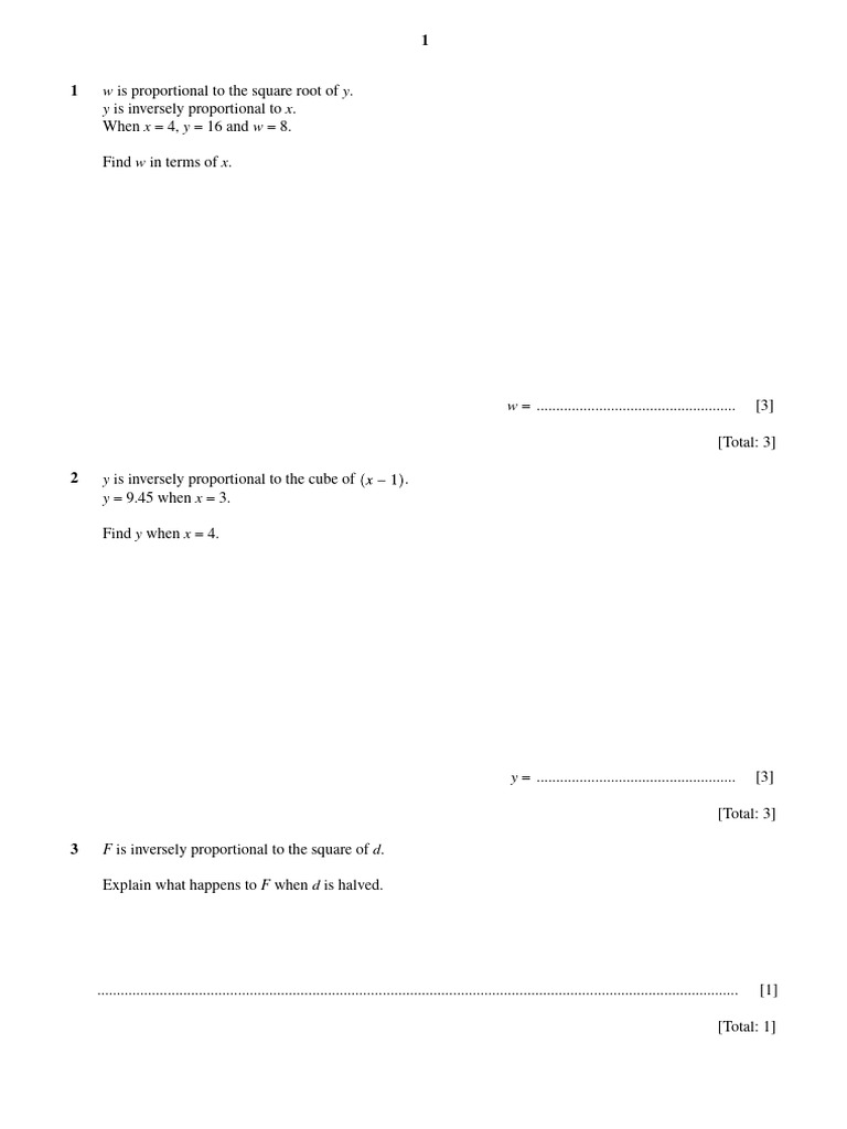 Algebraic Proportion Exam Questions | PDF | Force | Mathematics