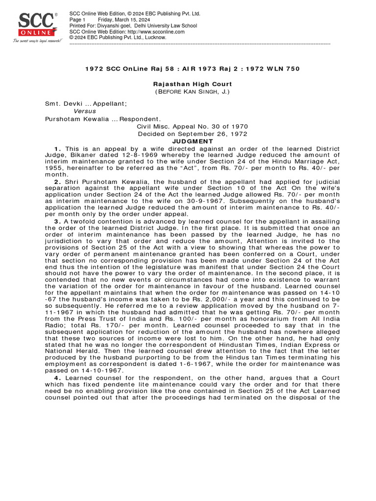 Devki V Purshottam Kewalia | PDF | Alimony | Appeal