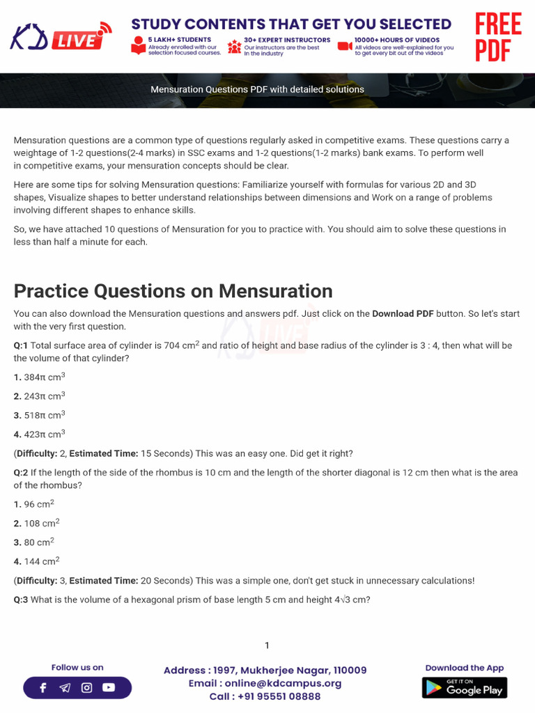 Quantitative Aptitude Mensuration Questions PDF With Detailed Solutions ...