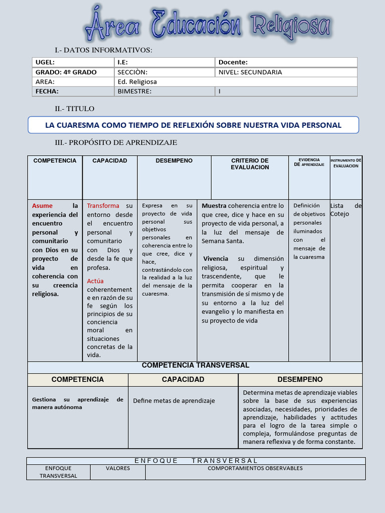 Sesiòn de Aprendizaje 4°grado | PDF | Maestros | Aprendizaje