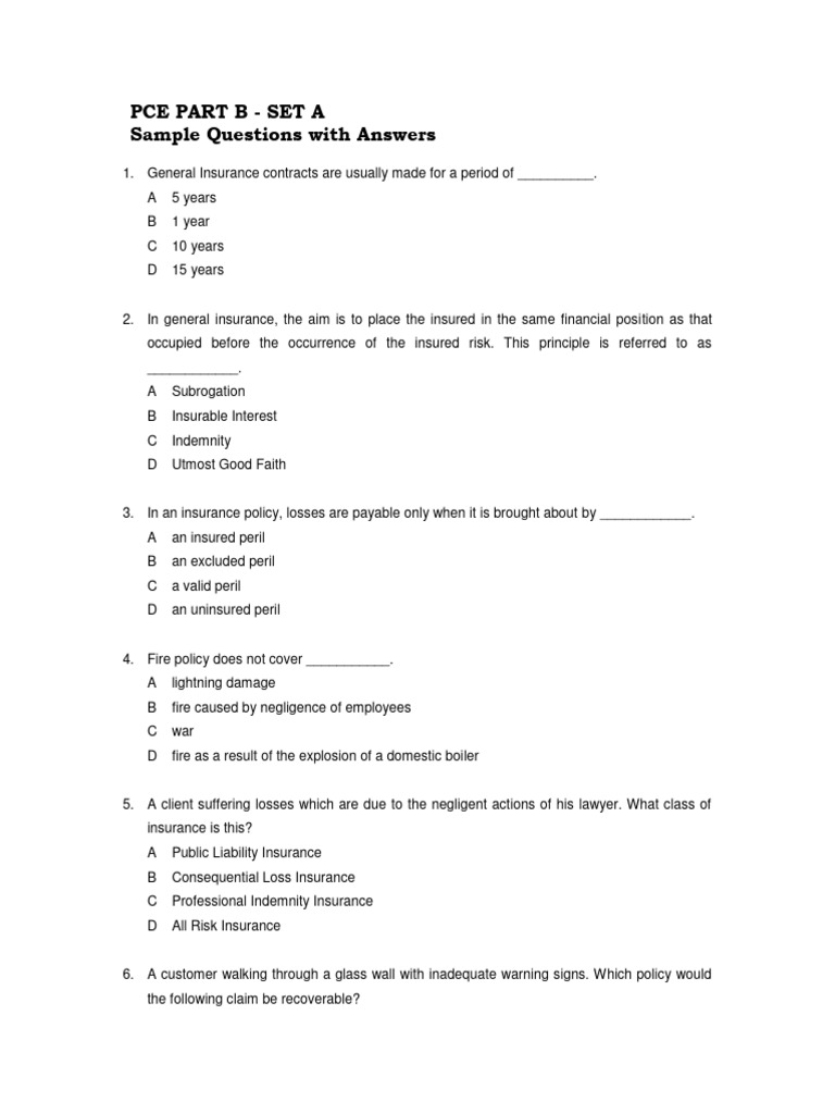 PCE B - BI - Set A | PDF | Insurance | Underwriting