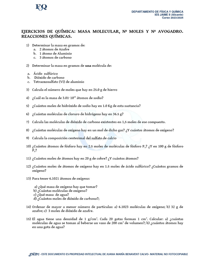 Ejercicios de Química: Masa Molecular y Moles | PDF | Mole (Unidad ...