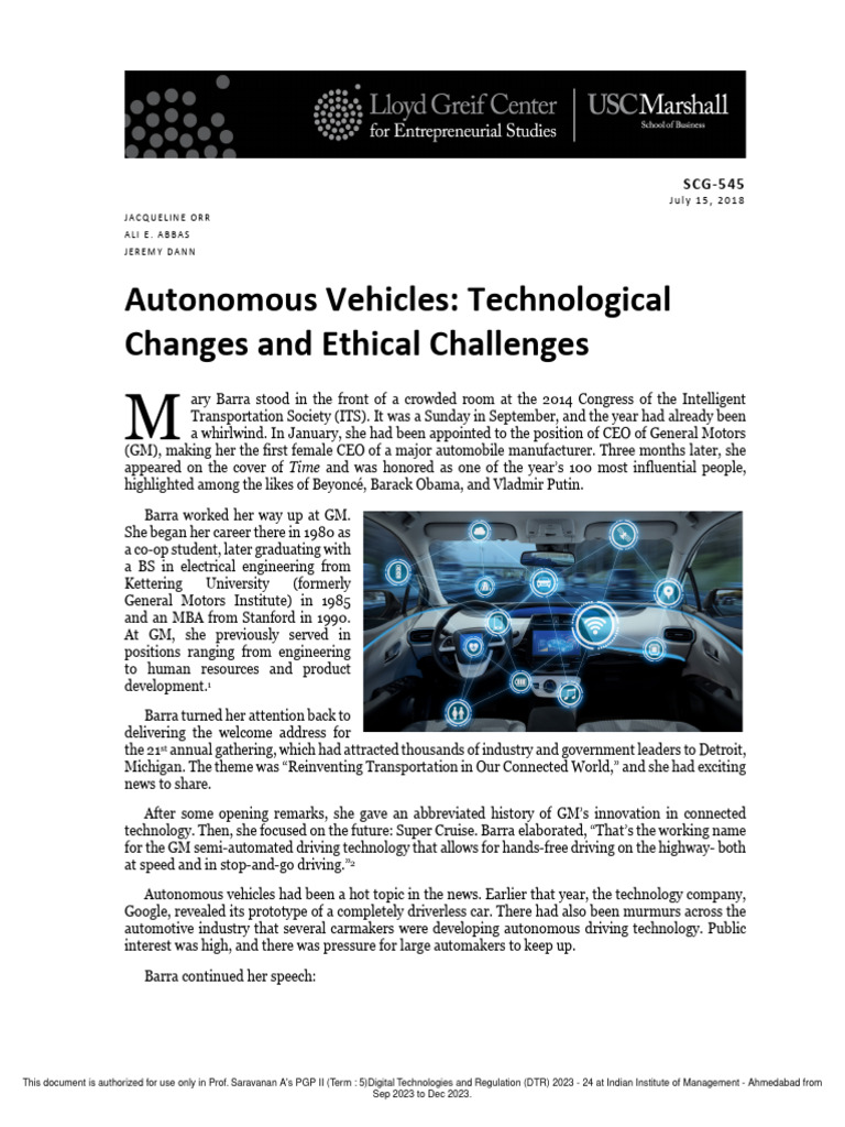 Autonomous Vehicles Technological Changes and Ethical Challenges | PDF ...