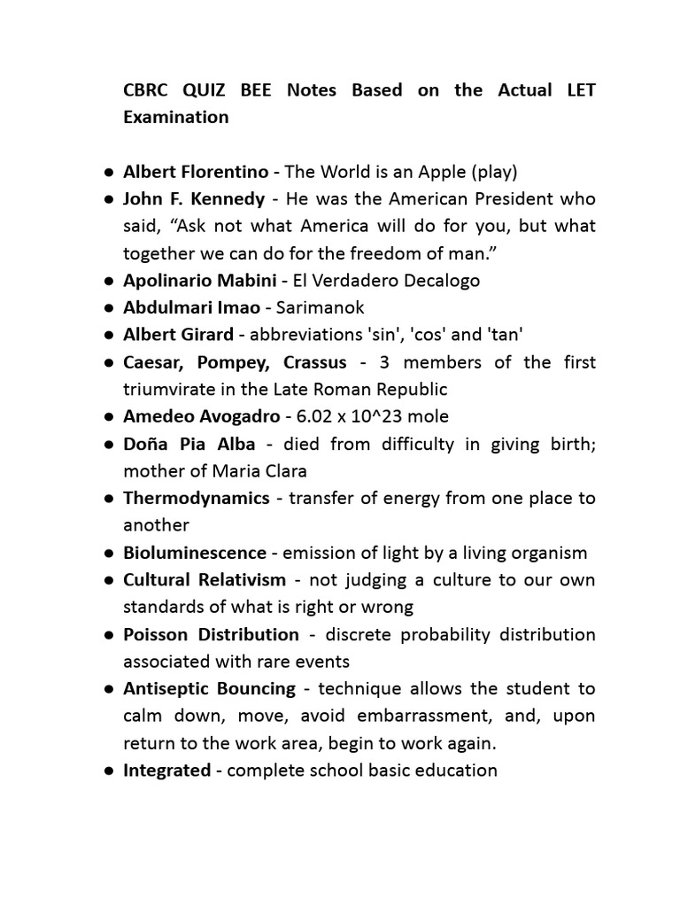 CBRC-QUIZ-BEE-Notes-Based-on-the-Actual-LET-Examination | PDF