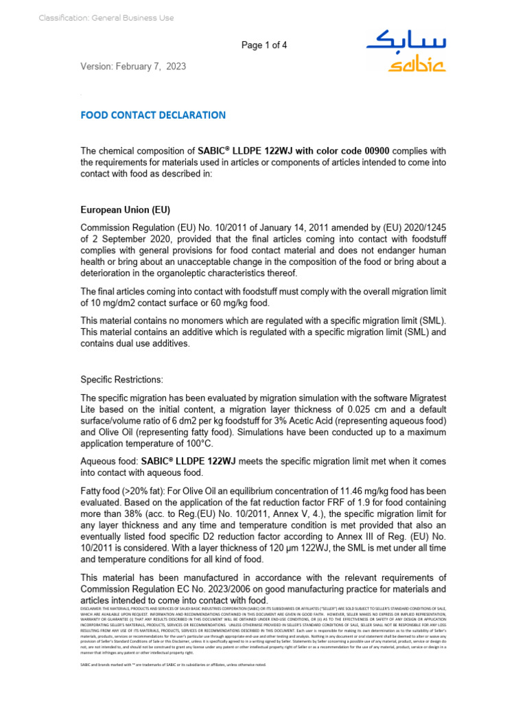 Plastic Food Declaration Feb 2023 | PDF | Disclaimer | License