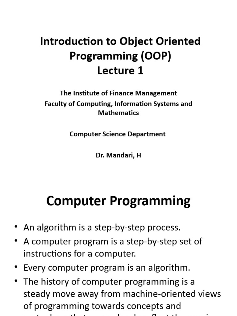 Lecture 1 Introduction To Oop Pdf Object Oriented Programming 1688