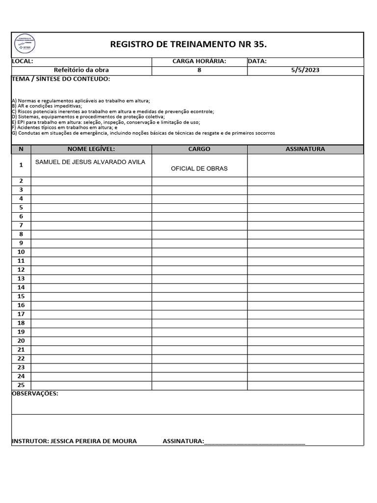 NR 35 Lista de Presença | PDF