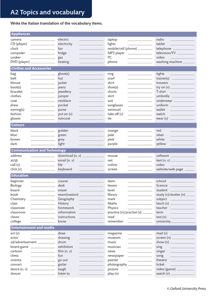 A2 Topics and Vocabulary | PDF | Grandparent