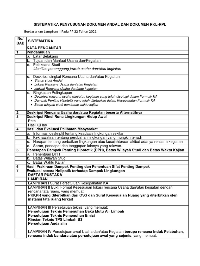 Sistematika Penyusunan Dokumen Andal Dan Dokumen RKL-RPL | PDF