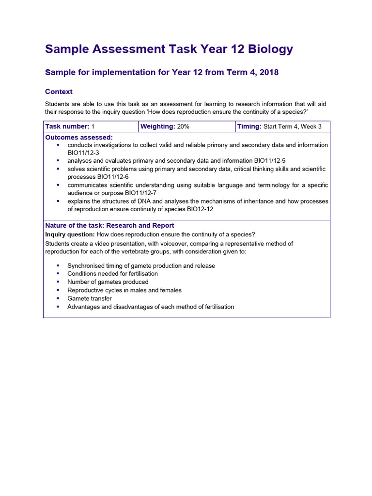 Biology Stage 6 Year 12 Assessment Task Ways To Reproduce | PDF ...