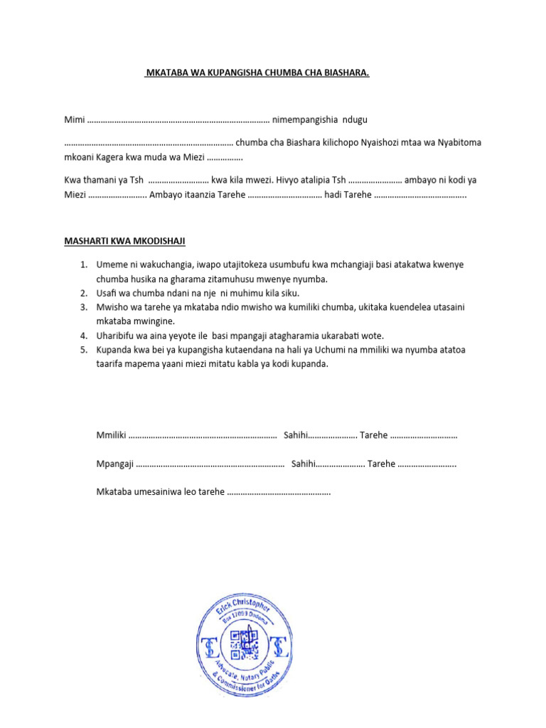 Mkataba Wa Kupangisha Chumba Cha Biashara | PDF