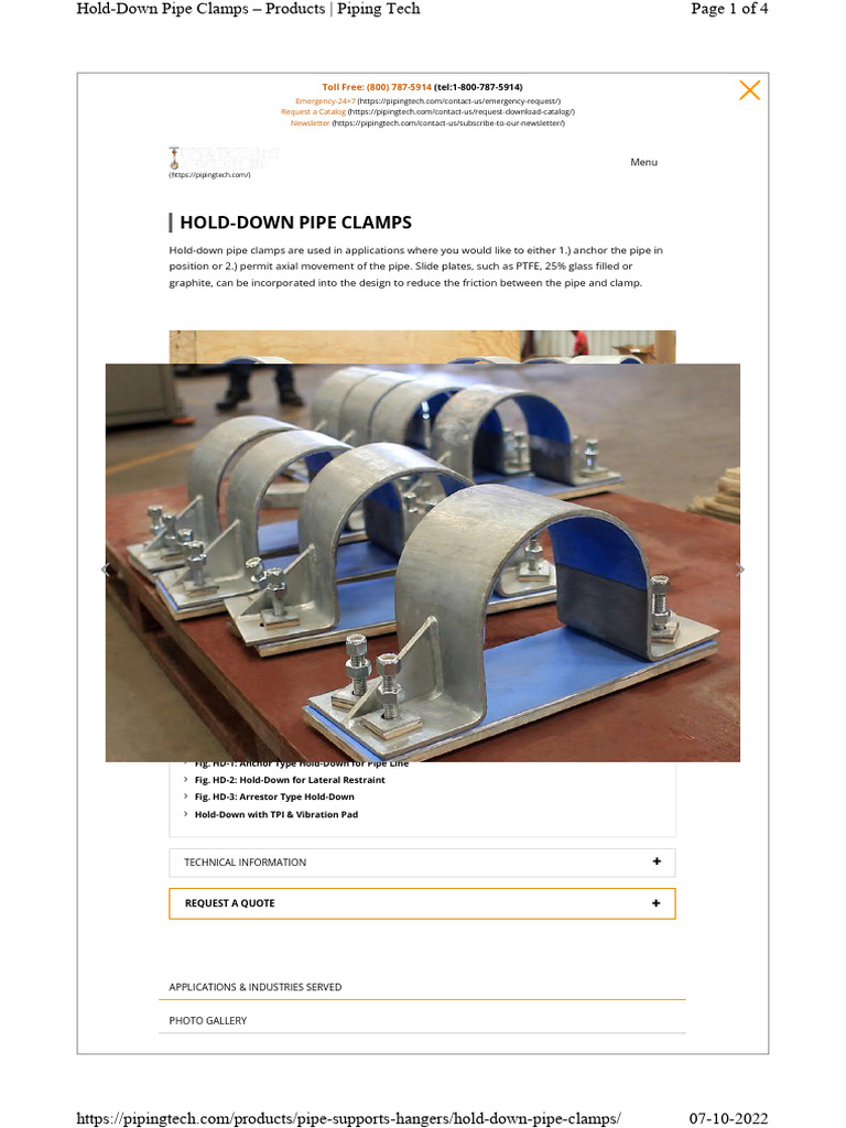 Hold-Down Pipe Clamps: Toll Free: (800) 787-5914 | PDF | Pipe (Fluid ...