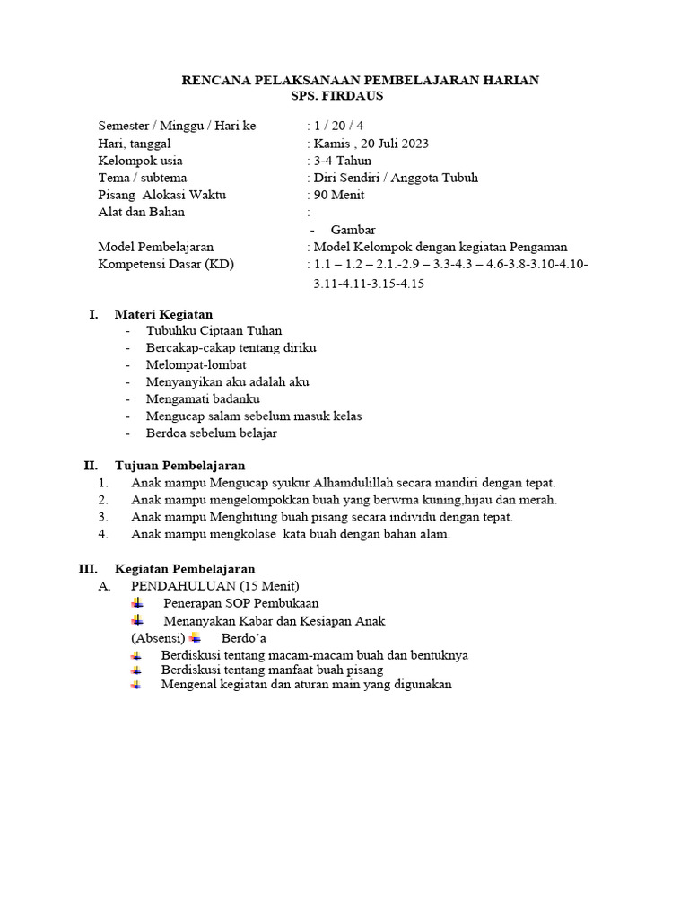 RPP TK 4 5 THN Tema Tanaman Sub Tema Buah Pisang | PDF | Karier ...