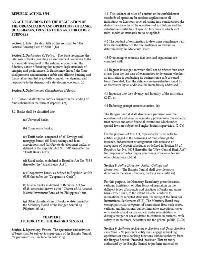 REPUBLIC ACT NO. 8791 | PDF | Loans | Banks