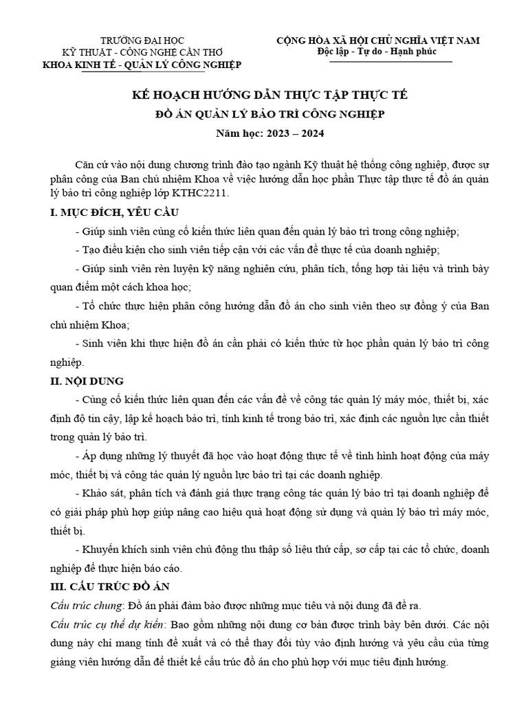 HKII NH2023 -2024 KH ĐỒ ÁN QUẢN LÝ BẢO TRÌ CÔNG NGHIỆP | PDF