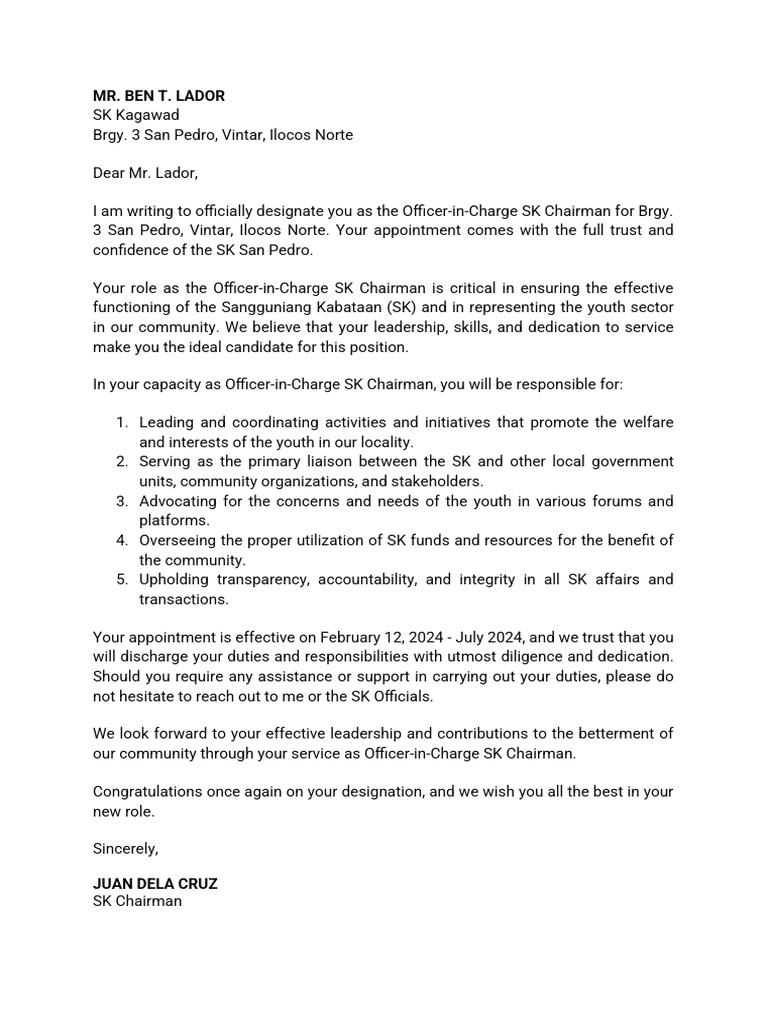 Designation Letter For Sangguniang Kabataan | PDF | Career & Growth