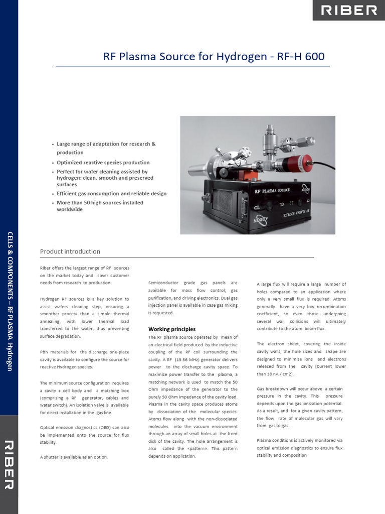 RIBER - RF Plasma Source For Hydrogen - RF H 600 | PDF | Gases | Plasma ...