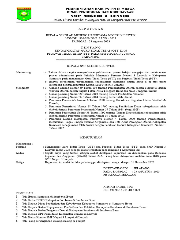 SK Pengangkatan GTT Dan PTT 2023 | PDF