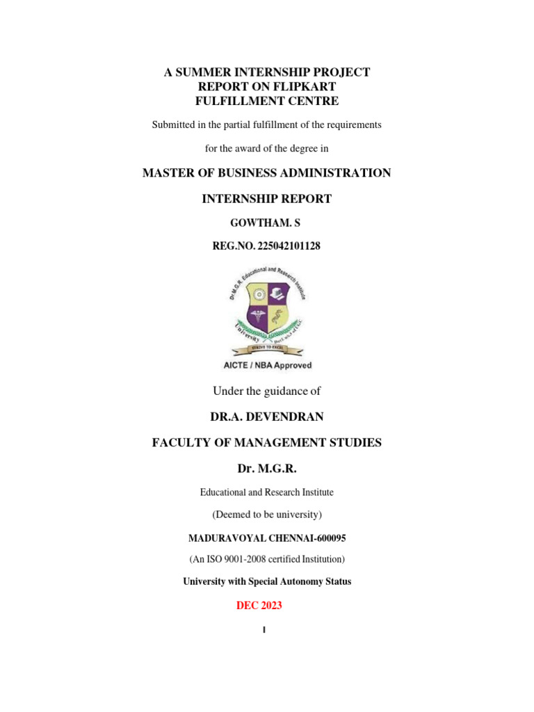 A Summer Internship Project Report On Flipkart Fulfillment Centre ...