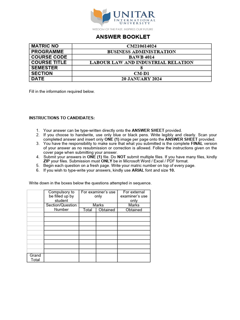 Labour Law Exam Answer Booklet | PDF | Employment | Business