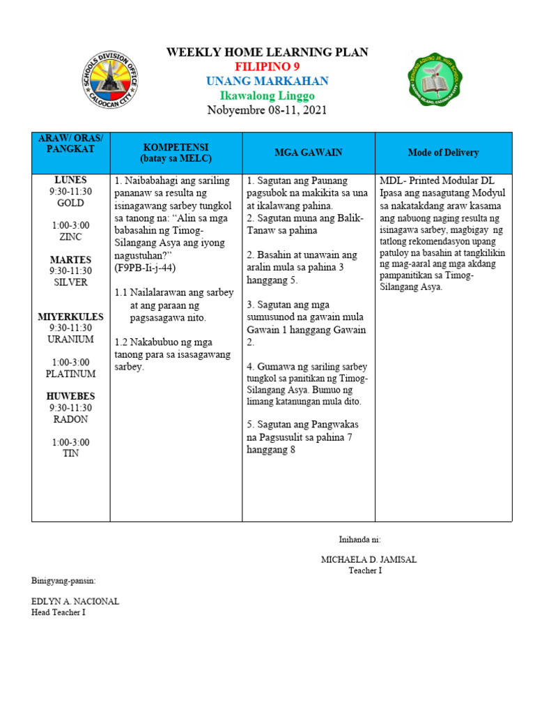 WHLP Jamisal Fil 9 Q1 Week 8 | PDF